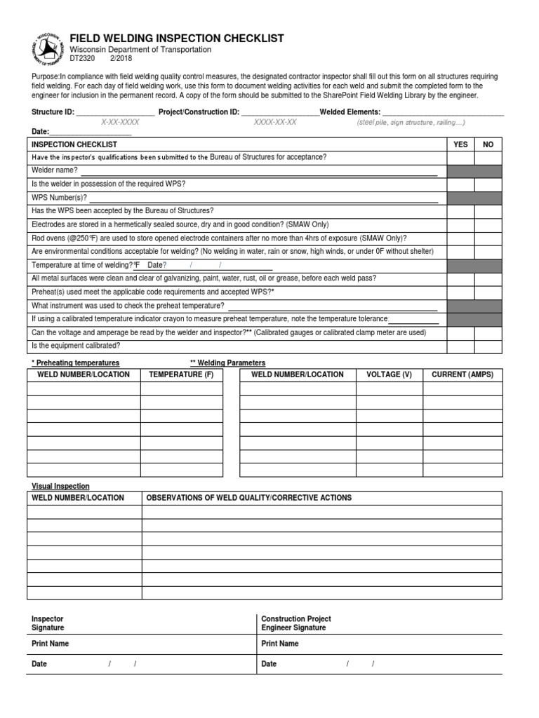 Field Welding Inspection Checklist: Wisconsin Department of ...