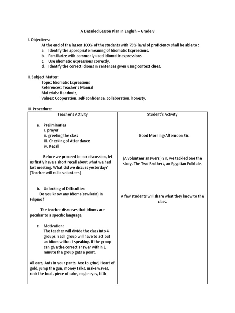 A Detailed Lesson Plan in English - IDIOMS | PDF | Idiom | Linguistics