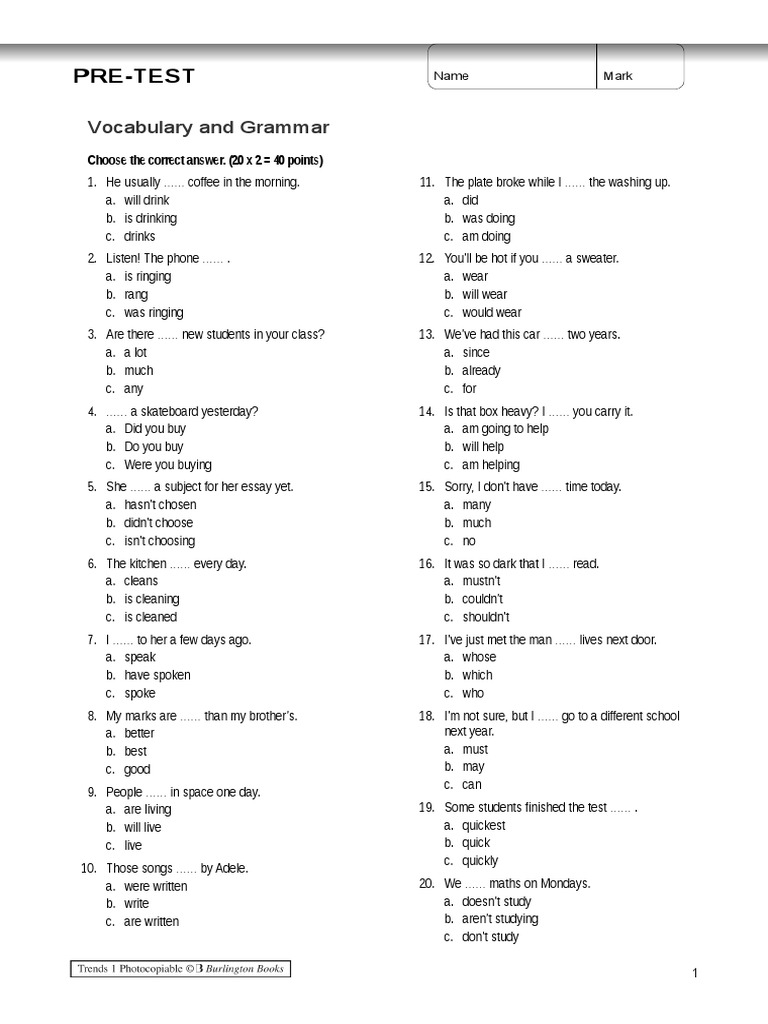 Pre-Test: Vocabulary and Grammar | PDF | Fuels | Carbon