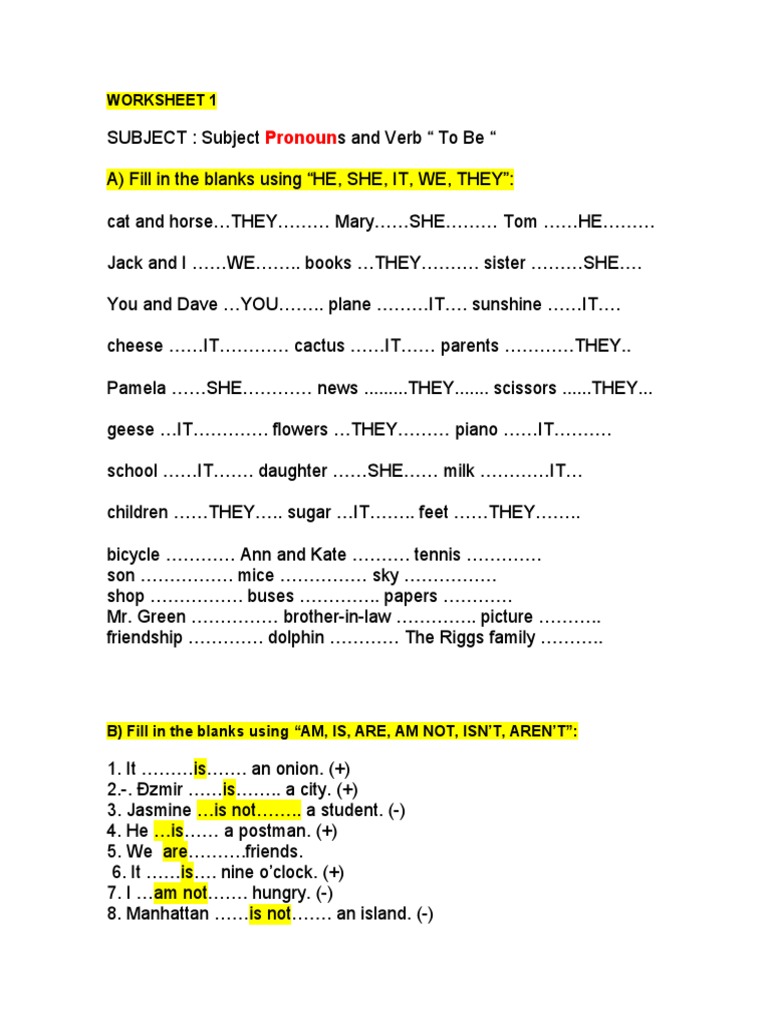 Worksheet 1 Verb To Be Personal Pronouns | PDF | Games & Activities ...