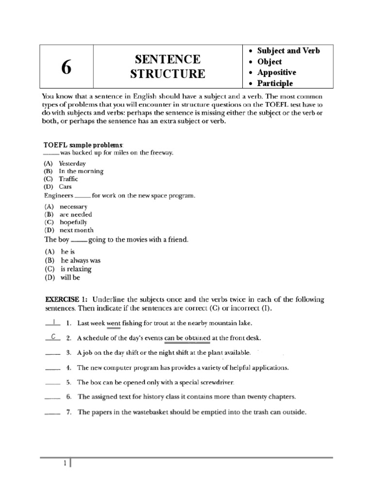 Sentence Structure: TOEFL Sample Problems | PDF | Adverb | Noun