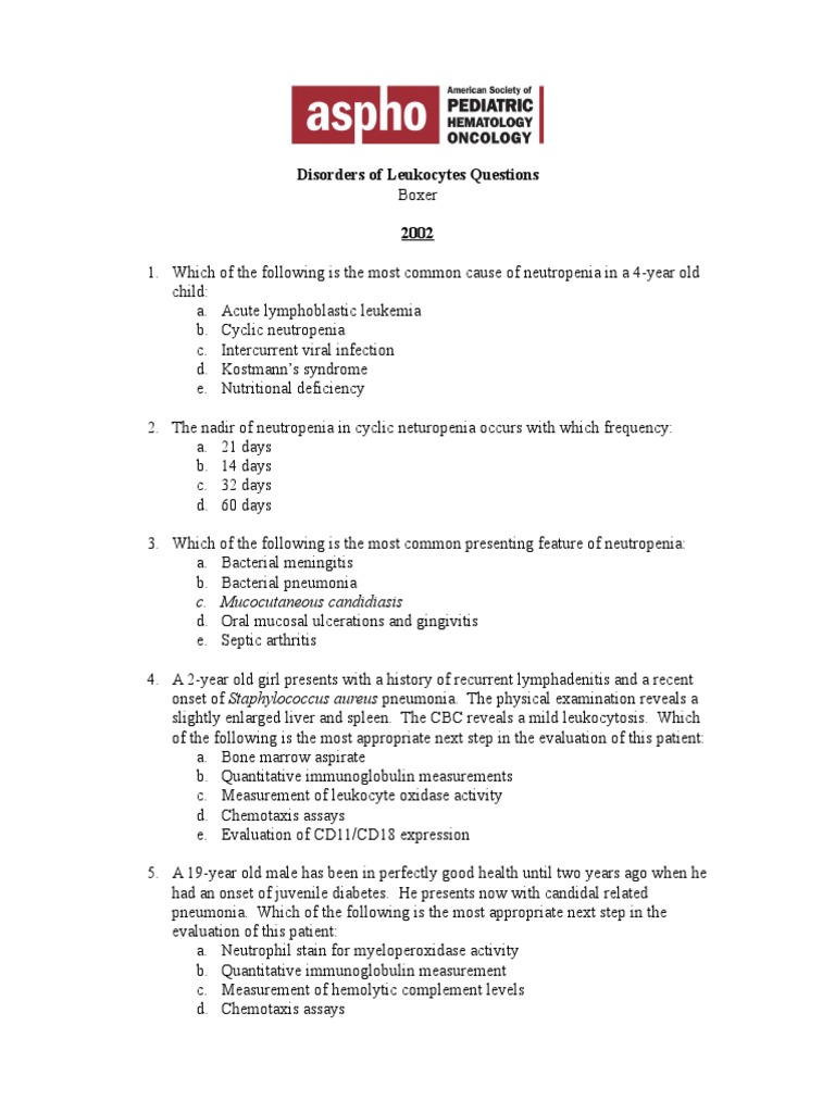 Disorders of Leukocytes Previous Questions | PDF | White Blood Cell ...