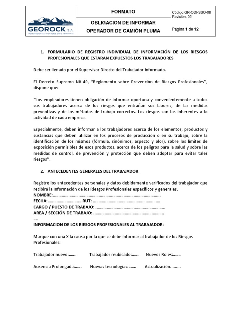 Formato Odi Operador Camion Pluma | PDF | Seguridad y salud ocupacional | Naturaleza