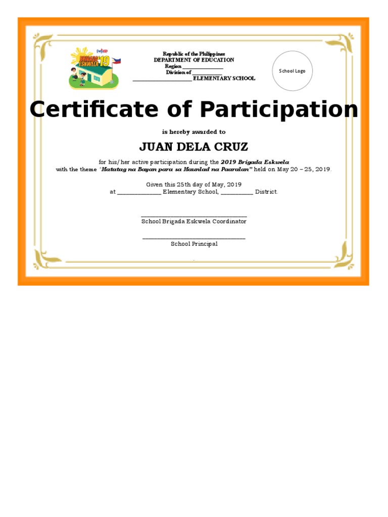 2019 BRIGADA ESKWELA Sample Certificate | PDF