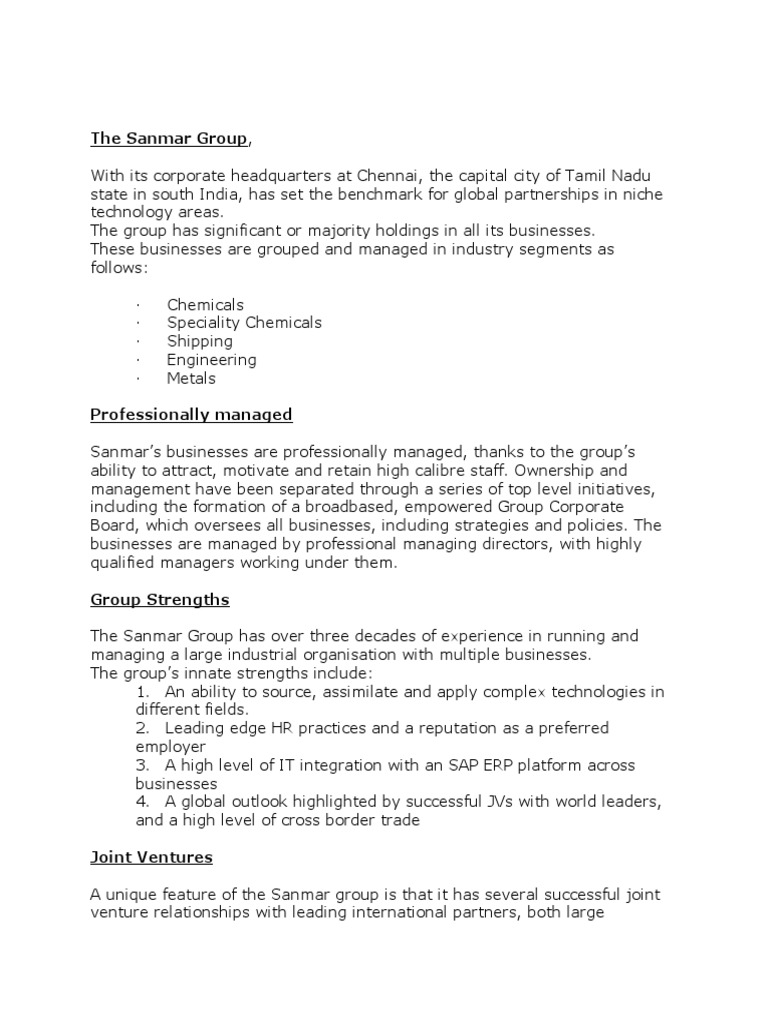 The Sanmar Group | PDF | Joint Venture | Business