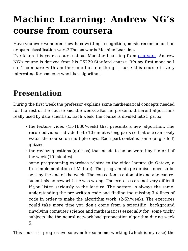 Machine Learning: Andrew NG's Course From Coursera: Presentation | PDF ...
