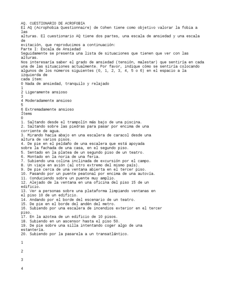 Cuestionario de Acrofobia Formato e Instrucciones para Calificar | PDF ...
