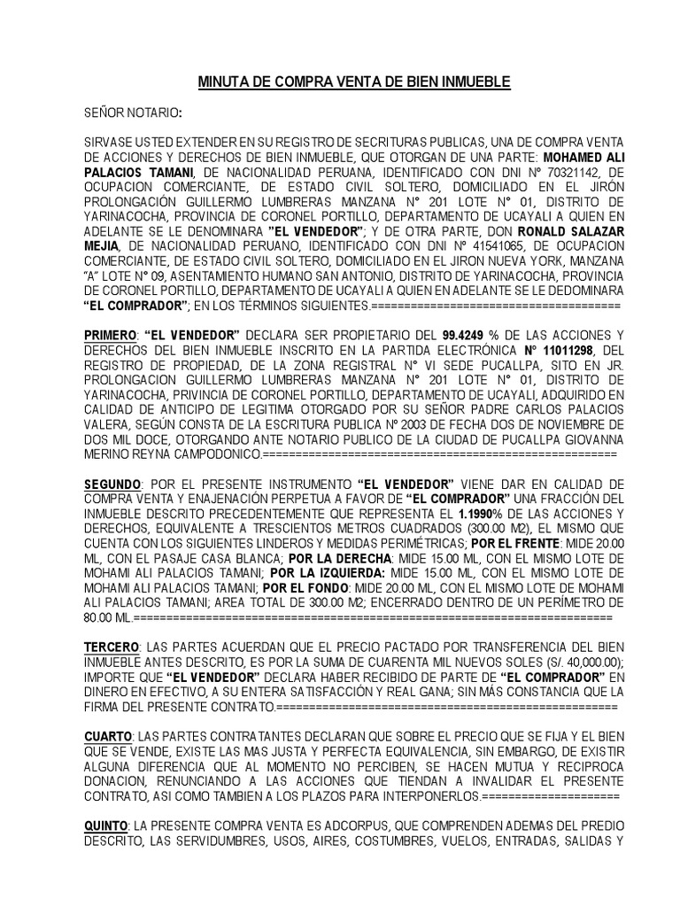 Minuta de Compra Venta de Bien Inmueble - Mohamed | PDF | Derecho civil (sistema legal ...