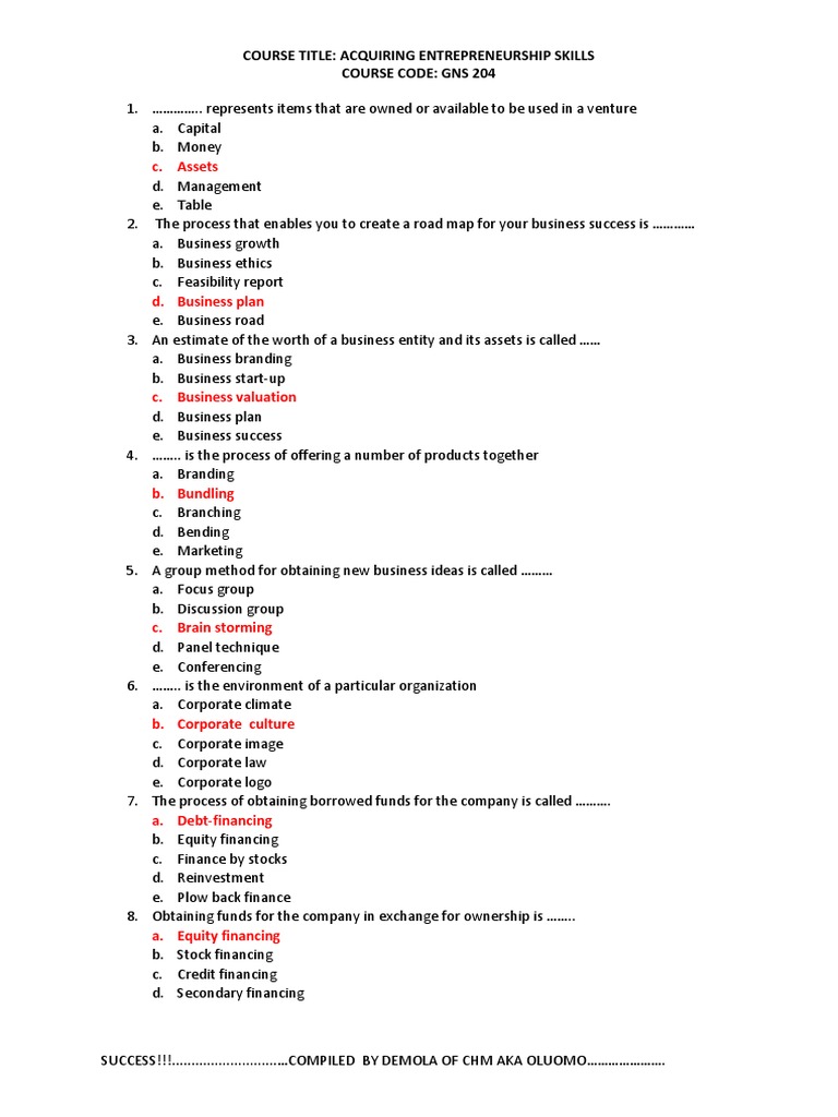 GNS 204 (Entrepreneurship Skills) .... | PDF | Entrepreneurship | Mergers And Acquisitions