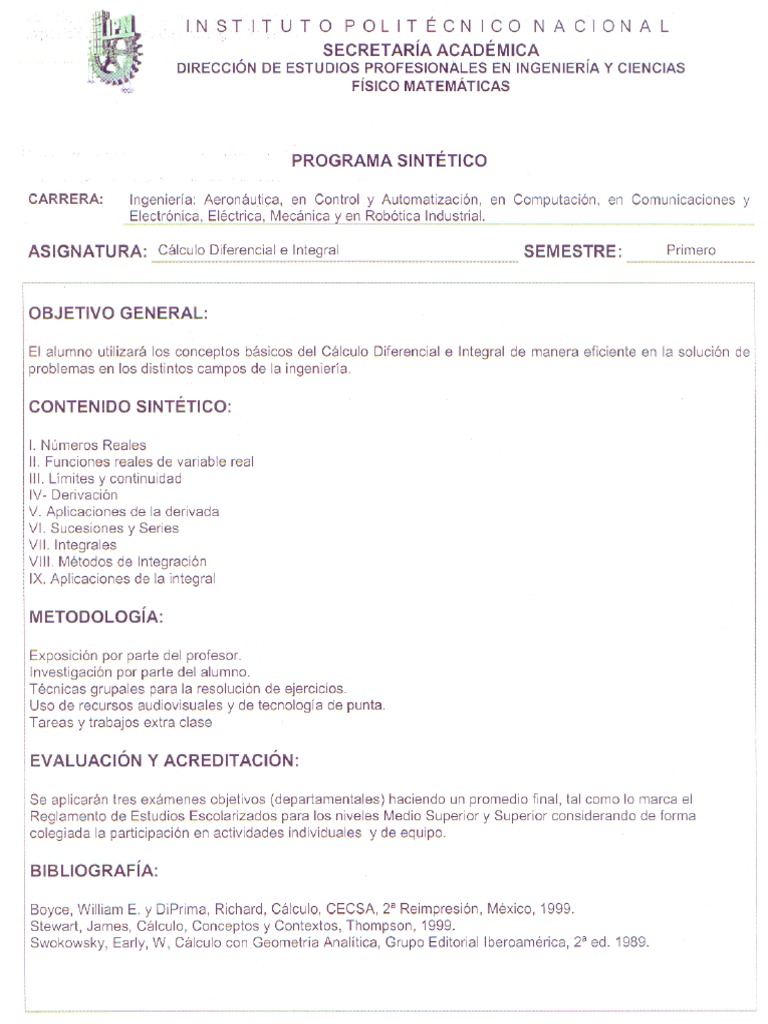 Temario ESIME Cálculo Diferencial e Integral PDF | PDF
