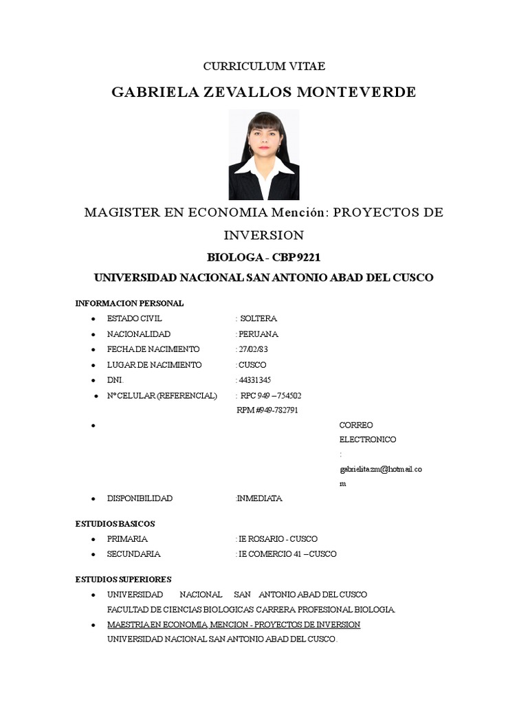 Curriculum Gabriela Zevallos (Ultimo | PDF | Saneamiento | Ambiente