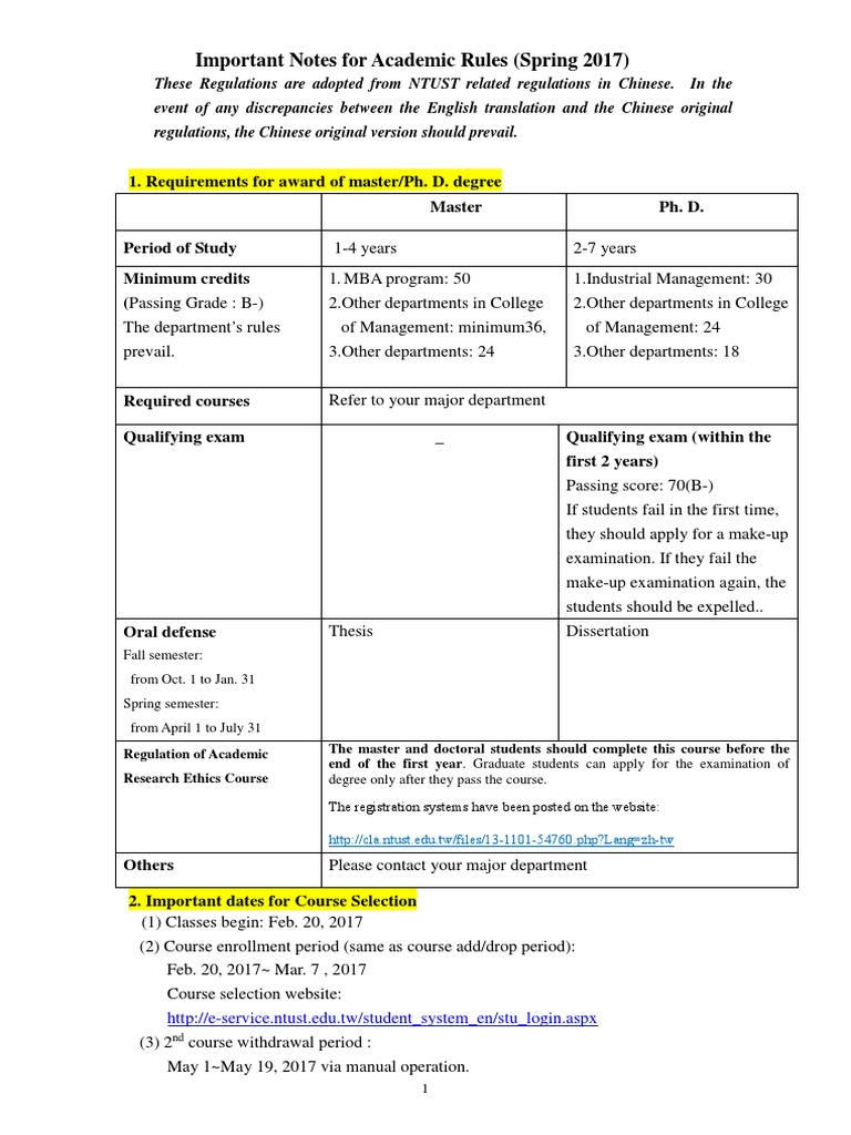 Important Notes For Academic Rules (Spring 201 7) NTUST | Download Free ...