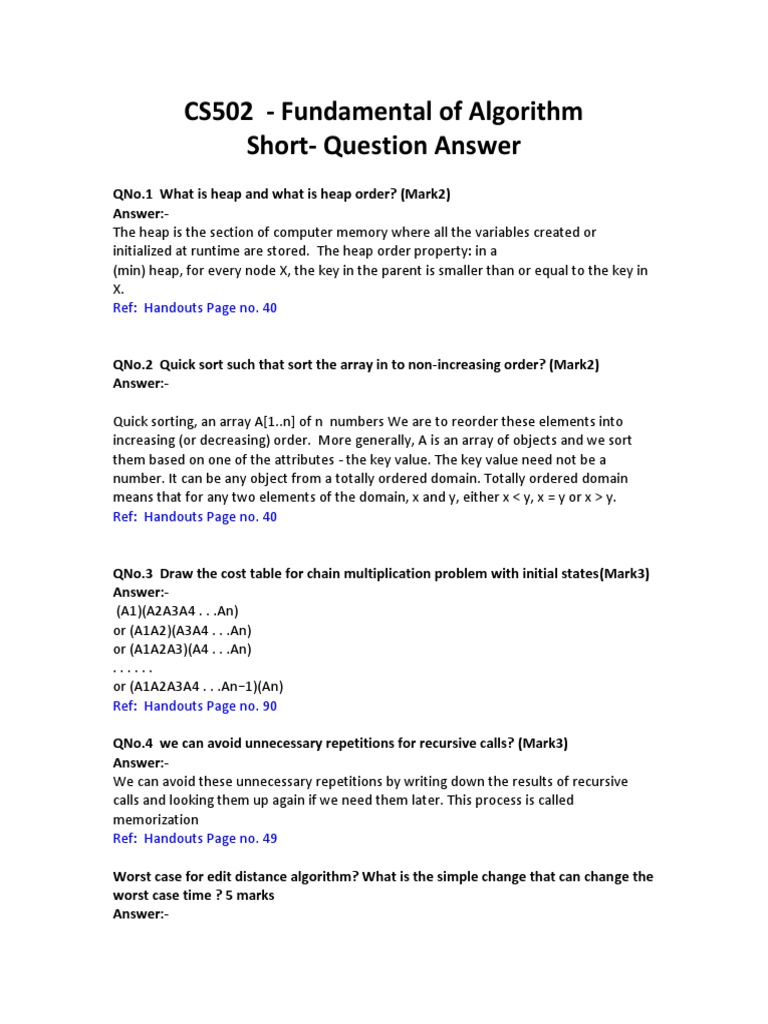 CS502 - Fundamental of Algorithm Short-Question Answer: Ref: Handouts ...