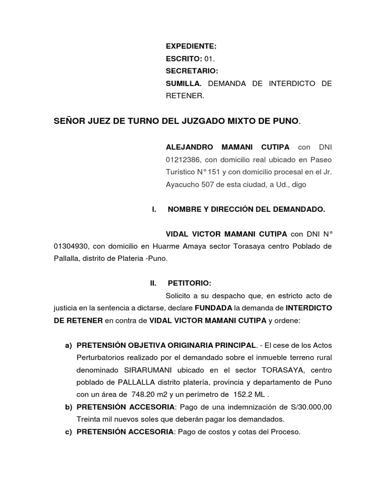 Demanda de Interdicto | PDF | Posesión (Ley) | Propiedad