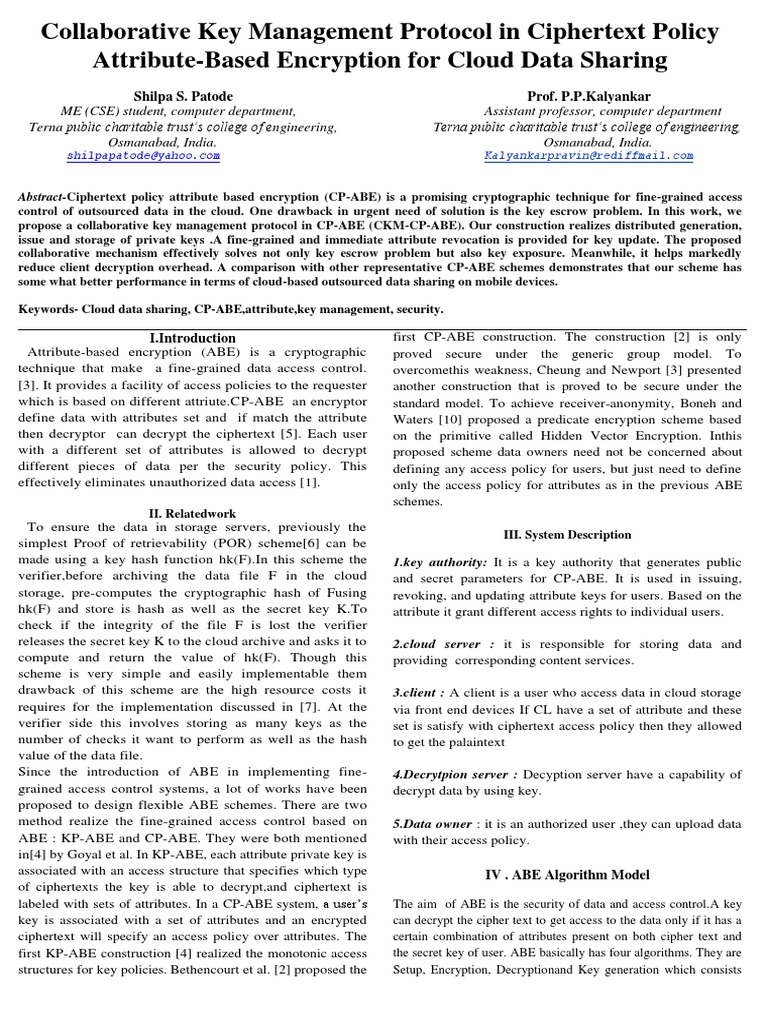 Collaborative Key Management Protocol in Ciphertext Policy Attribute-Based Encryption For Cloud ...