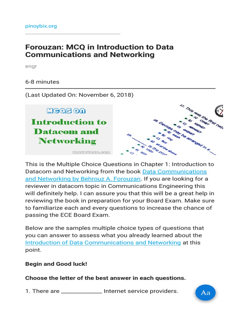 Forouzan MCQ in Introduction To Data Communications and Networking PDF | PDF | Network Topology ...