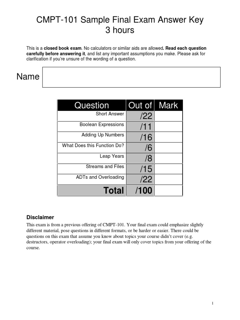 CMPT-101 Sample Final Exam Answer Key 3 Hours: Out of Mark | PDF | C++ ...