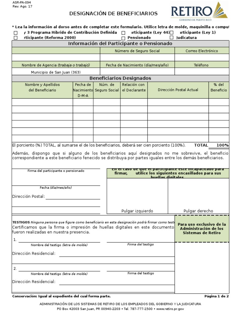 Designacion de Beneficiarios ASR-PA 094 | Pensión | Gobierno