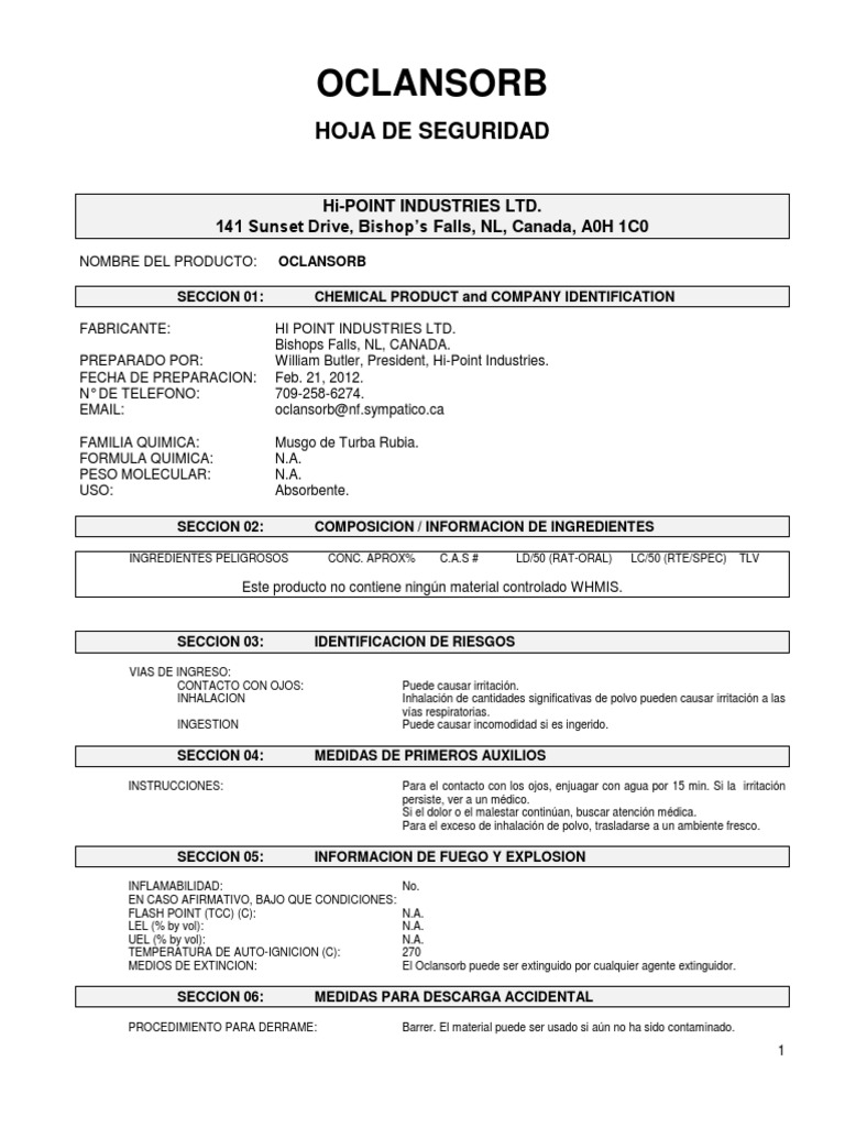 MSDS Oclansorb | PDF | Agua | Química