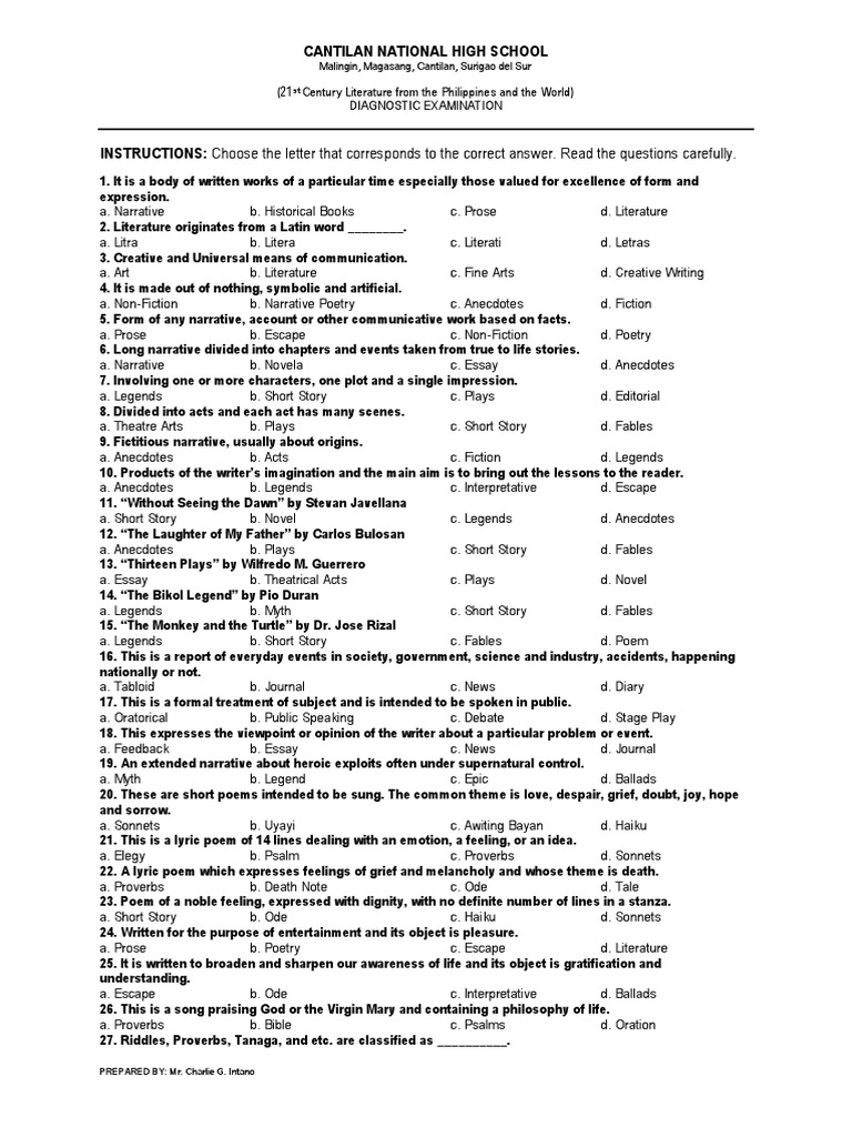 Grade 11 Literature Diagnostic Exam | PDF | Narrative | Legends