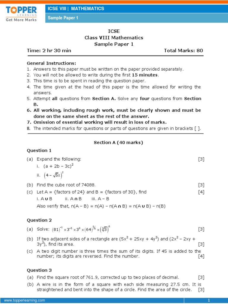 Cbse Class 8 Math Sample Paper PDF Area Triangle