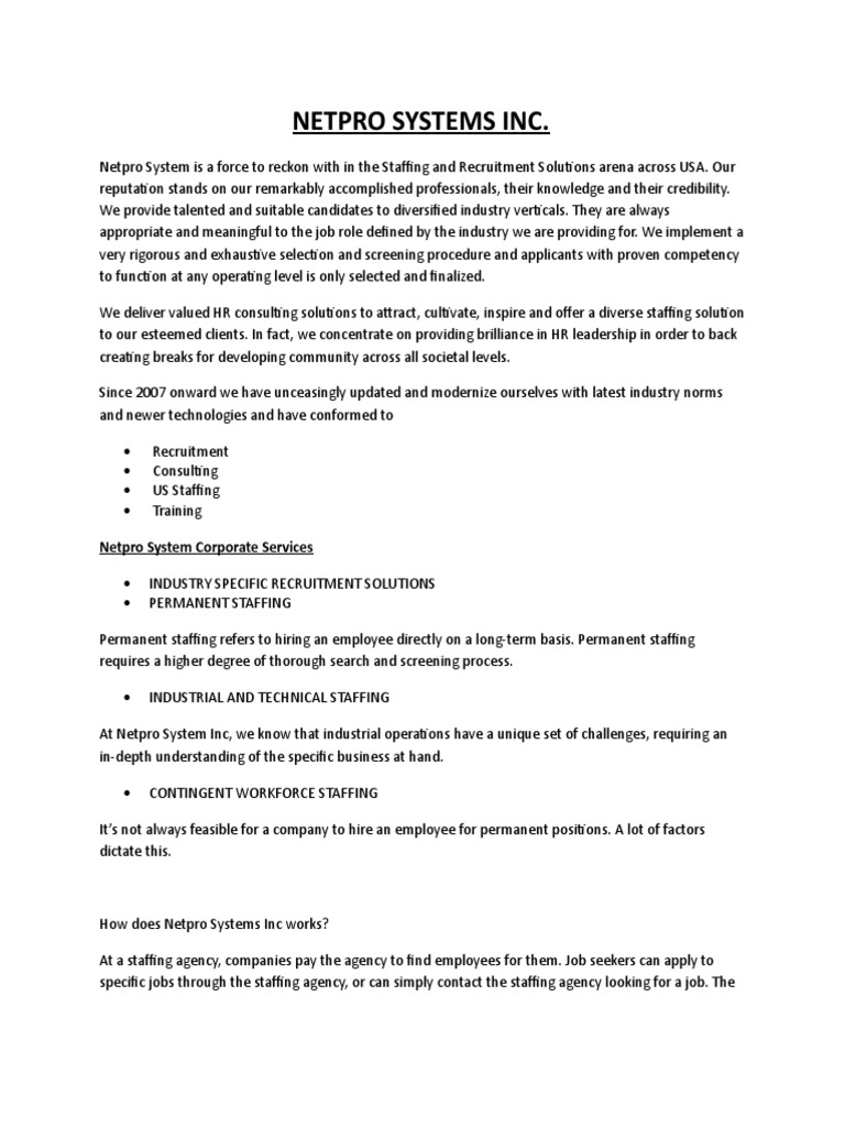 Netpro Systems Inc.: Netpro System Corporate Services | PDF | Temporary Work | H 1 B Visa