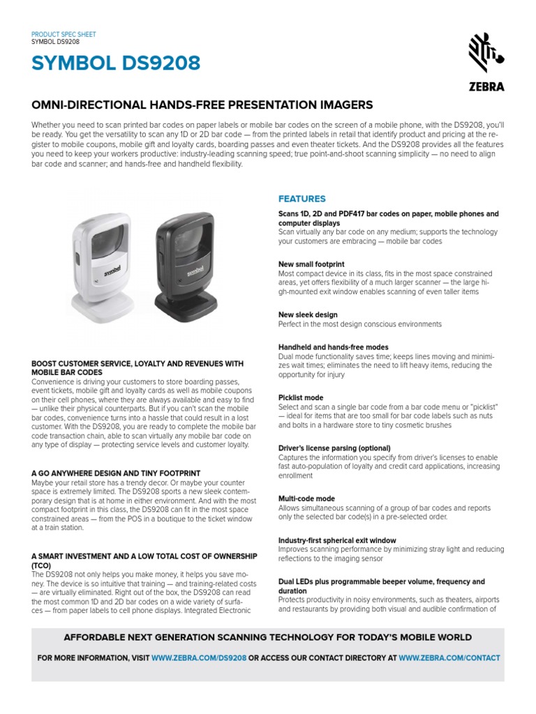Symbol Ds9208: Omni-Directional Hands-Free Presentation Imagers | PDF ...