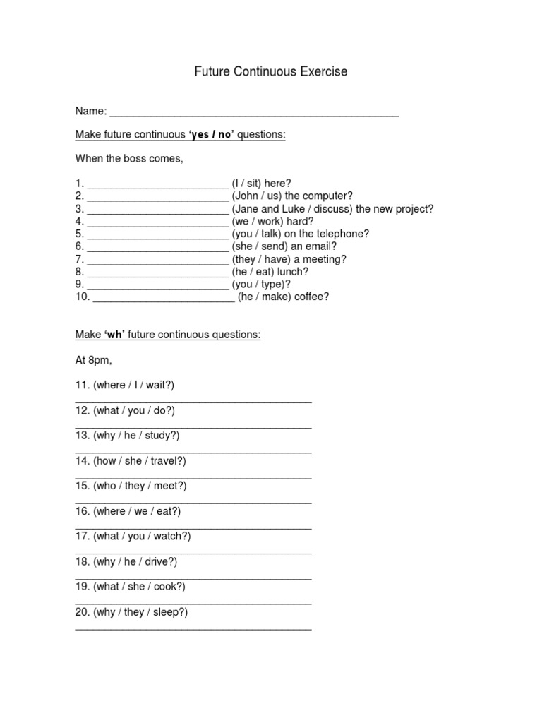 Future Continuous Tense Exercises | PDF