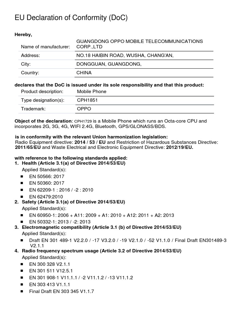EU Declaration of Conformity (DoC) - CPH1851 - EN | PDF | Technology & Engineering