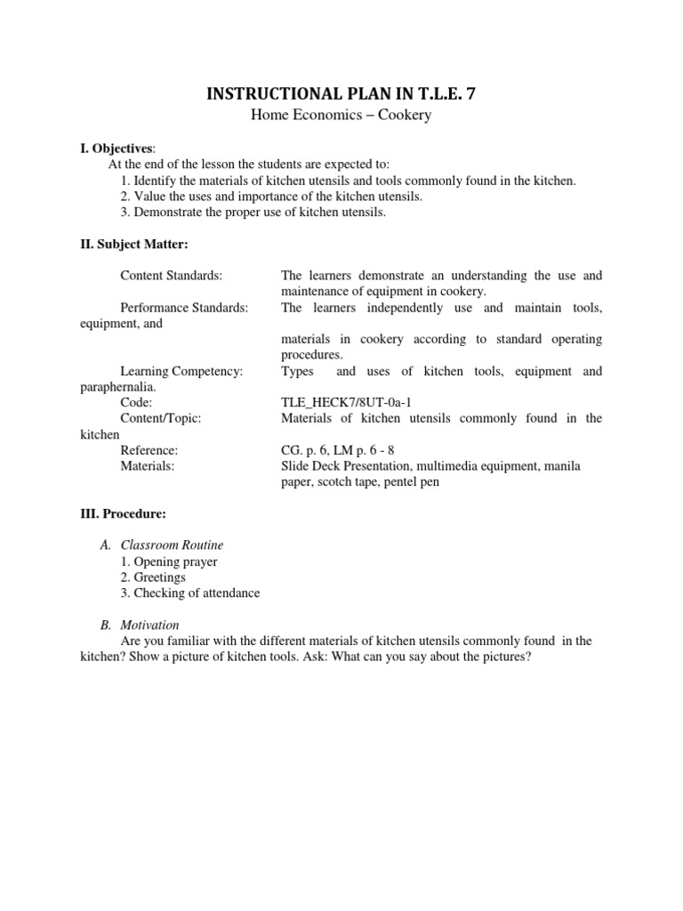 Lesson Plan in TLE 7 Cookery | PDF | Cookware And Bakeware | Behavior ...