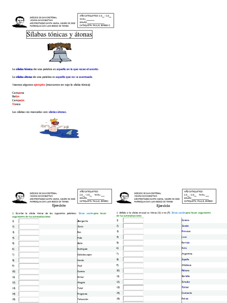 Ejercicios de Sílabas Tónicas y Átonas | PDF