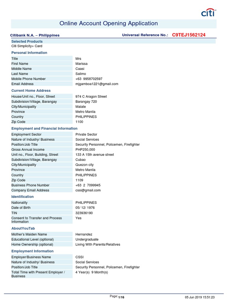 Online Account Opening Application: C9TEJ1562124 | PDF | Credit Card ...