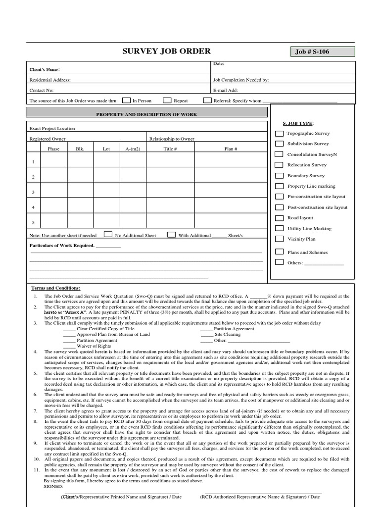 Job Order Form Sample | PDF | Surveying | Business Law