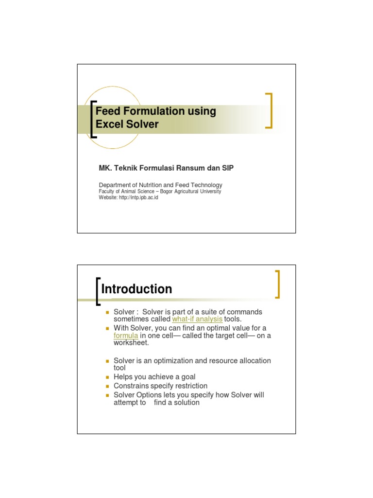 Feed Formulation using Excel Solver | PDF | Spreadsheet | Mathematical ... Feed Formulation using Excel Solver | PDF | Spreadsheet | Mathematical ...