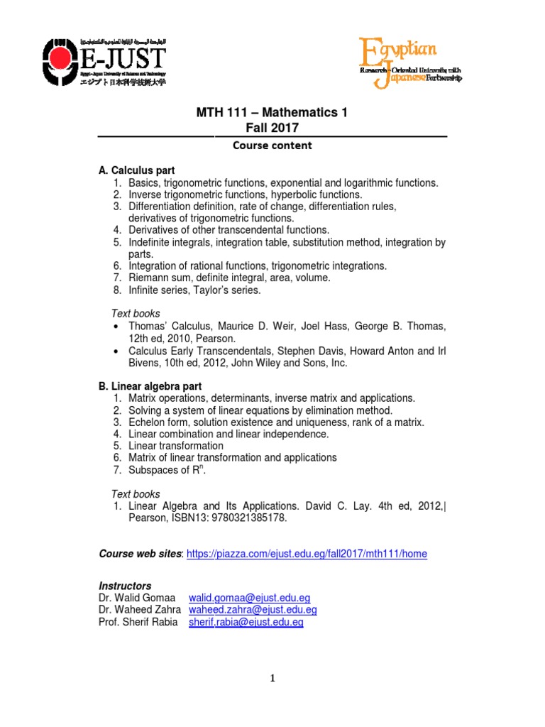 MTH 111 MTH 111 - Mathematics 1 Fall 2017: Course Content | PDF
