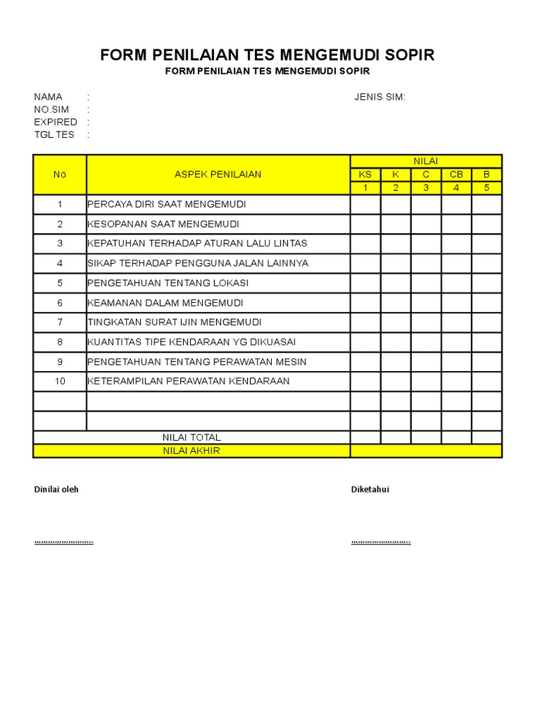 Form Penilaian Tes Mengemudi Sopir | PDF