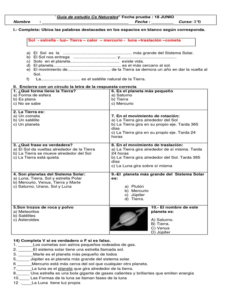 Evaluación del Sistema Solar para 3° Básico | PDF | Luna | Sistema solar