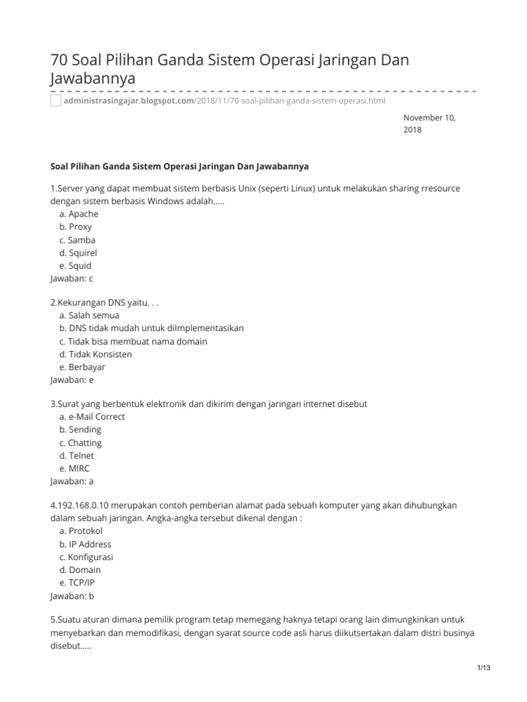 70 Soal Pilihan Ganda Sistem Operasi Jaringan Dan Jawabannya | PDF