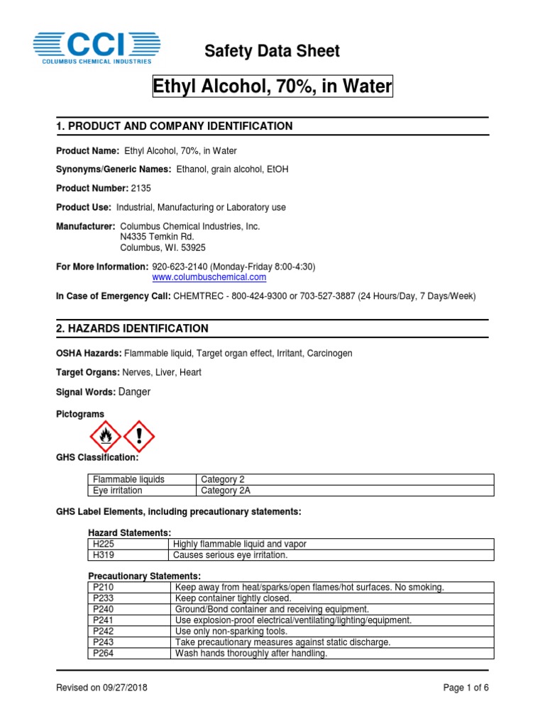 Ethyl Alcohol, 70%, in Water: Safety Data Sheet | PDF | Toxicity | Ethanol