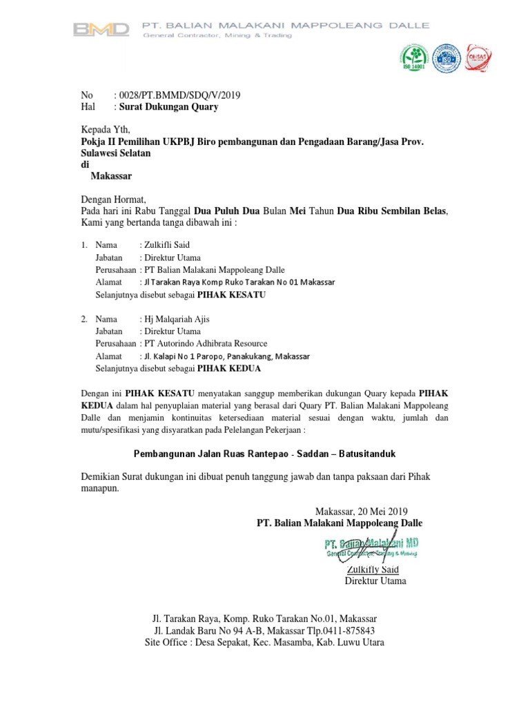 Surat Dukungan Quarry | PDF