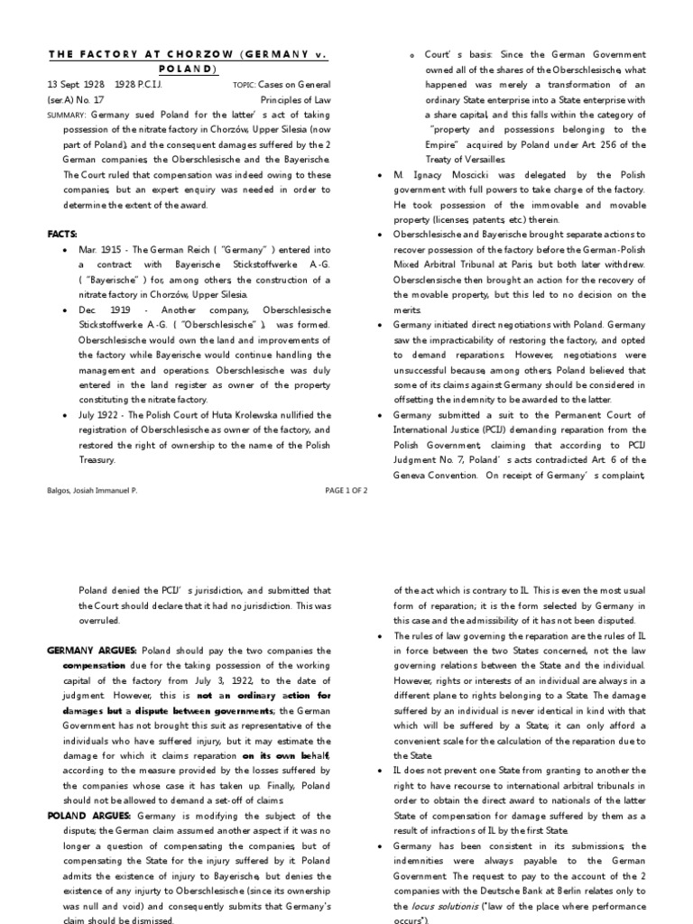 Chorzow Factory | PDF | Restitution | Damages