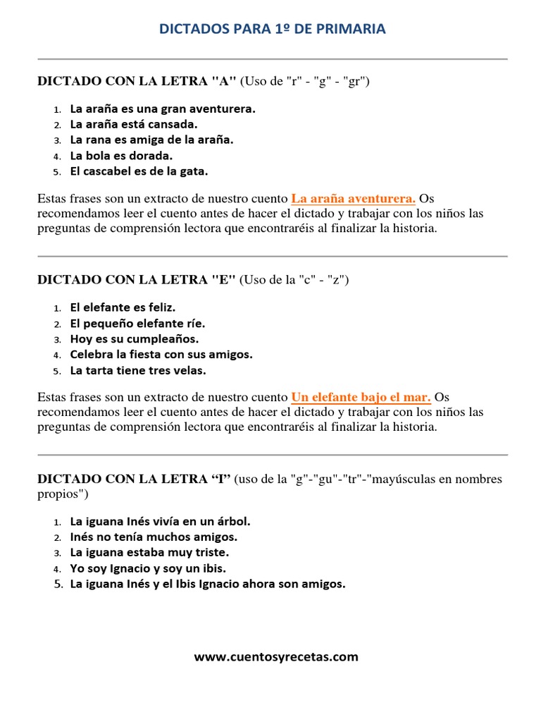 Dictados para Primero de Primaria | PDF