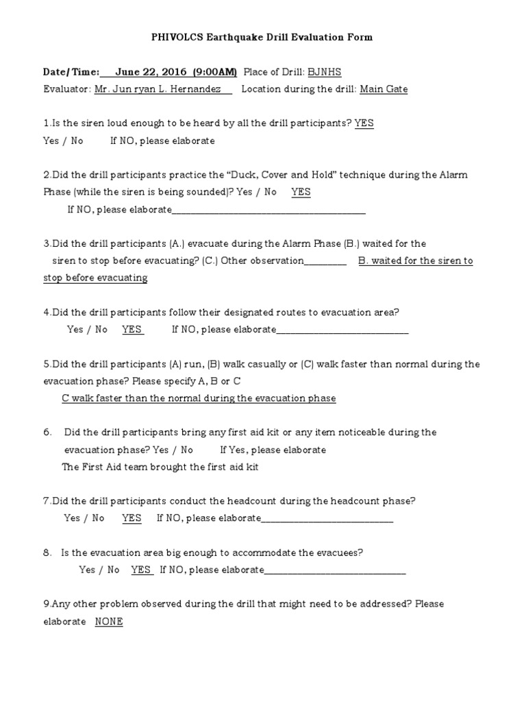 PHIVOLCS Earthquake Drill Evaluation Form | PDF
