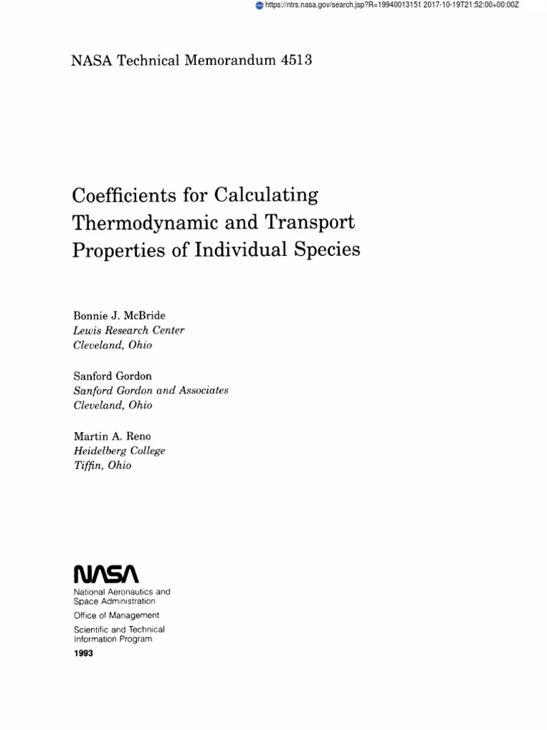 Thermodynamic and Transport Property Data for Individual Gas Species: A ...