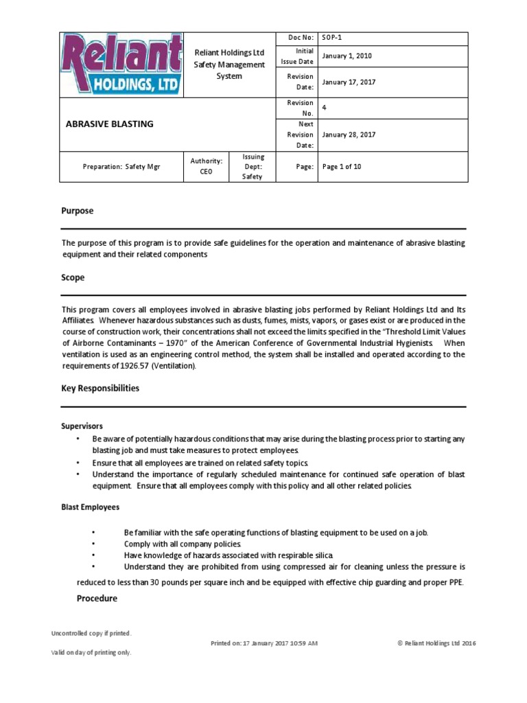 SOP-1 Abrasive Blasting Program | PDF | Personal Protective Equipment ...