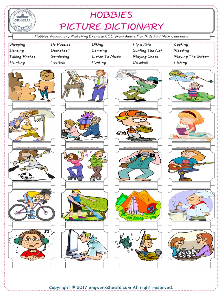 Hobbies Vocabulary Matching Exercise ESL Worksheets For Kids and New ...