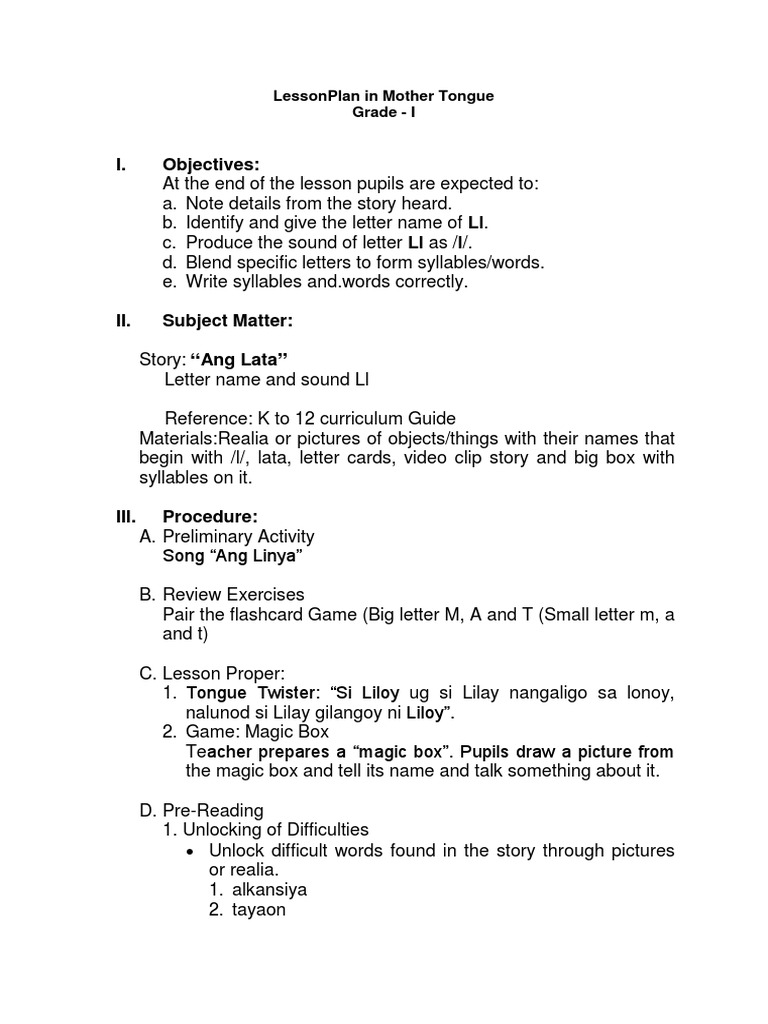 Lesson Plan in Mother Tongue 1 | PDF | Semiotics | Cognition