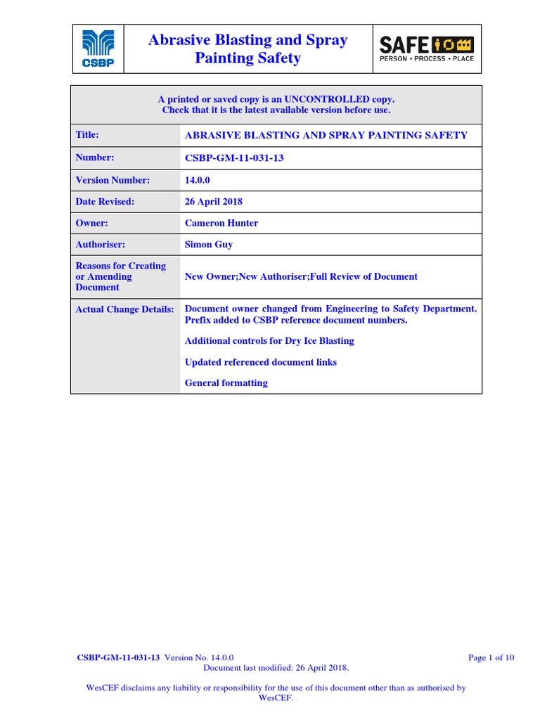 Abrasive Blasting and Spray Painting Safety Guide | PDF | Paint | Safety