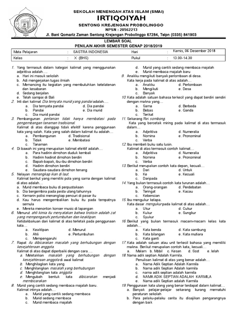 Contoh Format Soal PAS Genap 2018-2019 | PDF