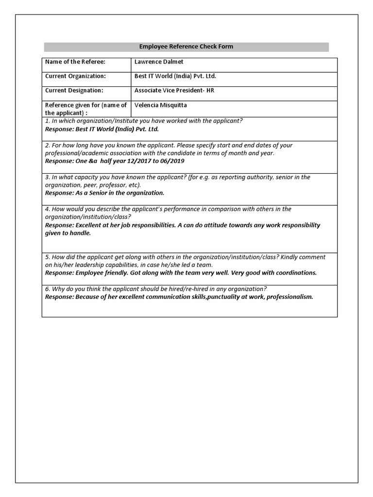 Employee Reference Check Form | PDF